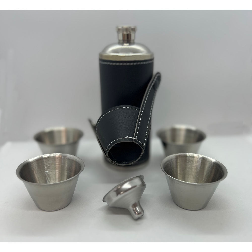 Stainless Steel Flask with Shot Glasses | Black Leather Flask | Giggle Golf